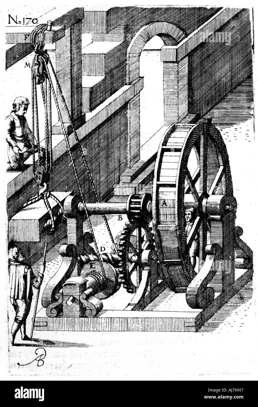 Raising a slab of stone using a block-and-tackle mechanism, 1620 ...