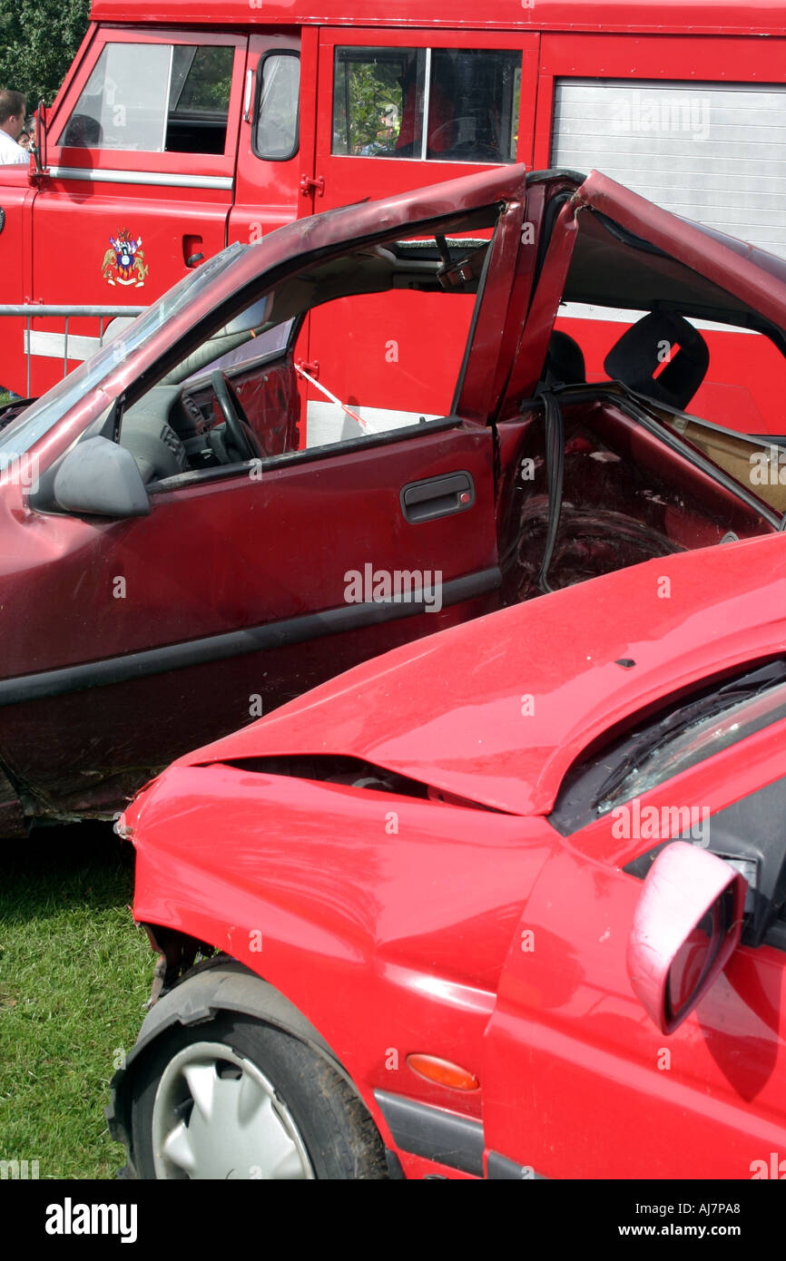 Simulated car crash display by Fire Brigade in the UK Stock Photo - Alamy