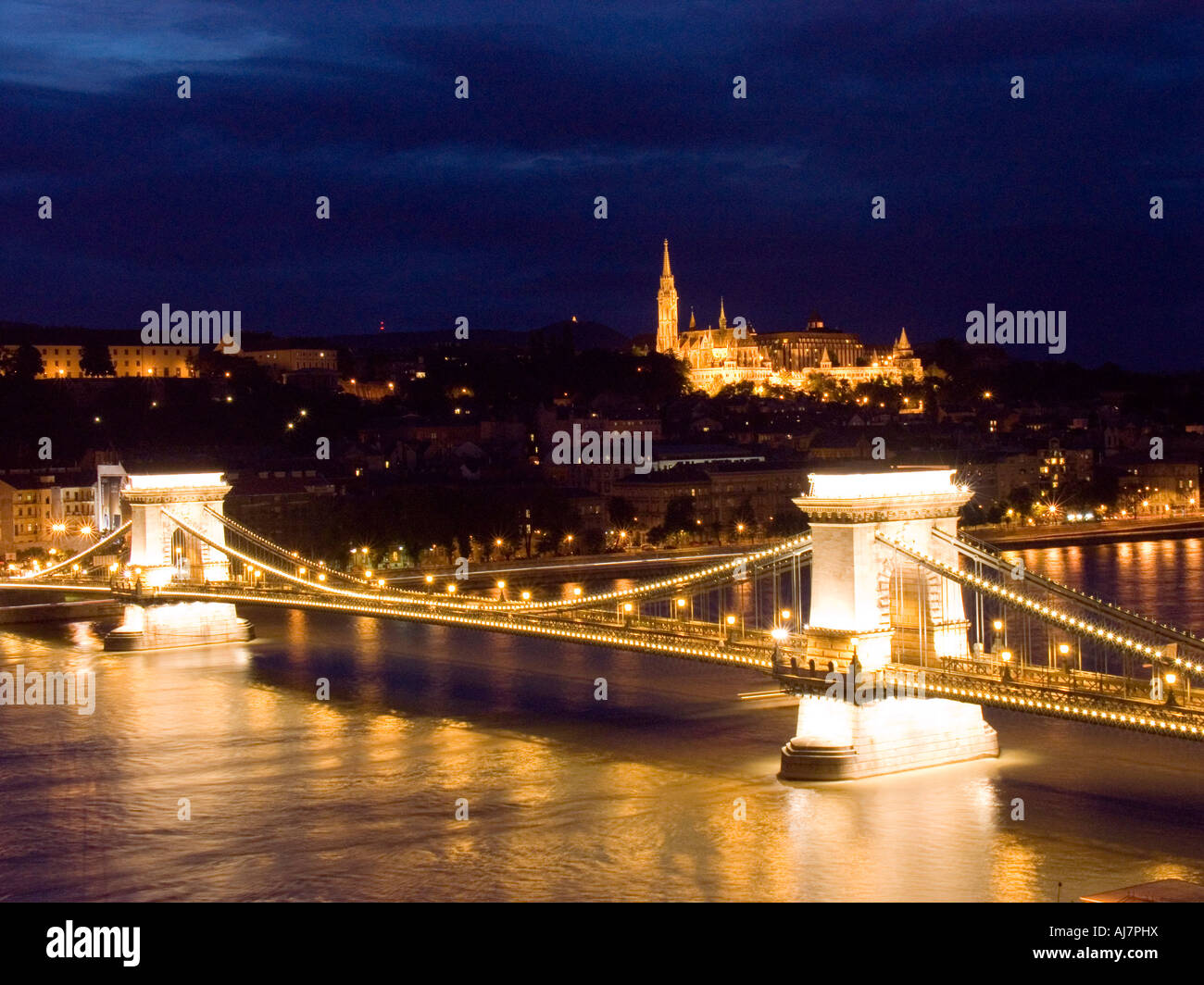 Chain Bridge and Buda castle at night, Budapest, Hungary Stock Photo ...