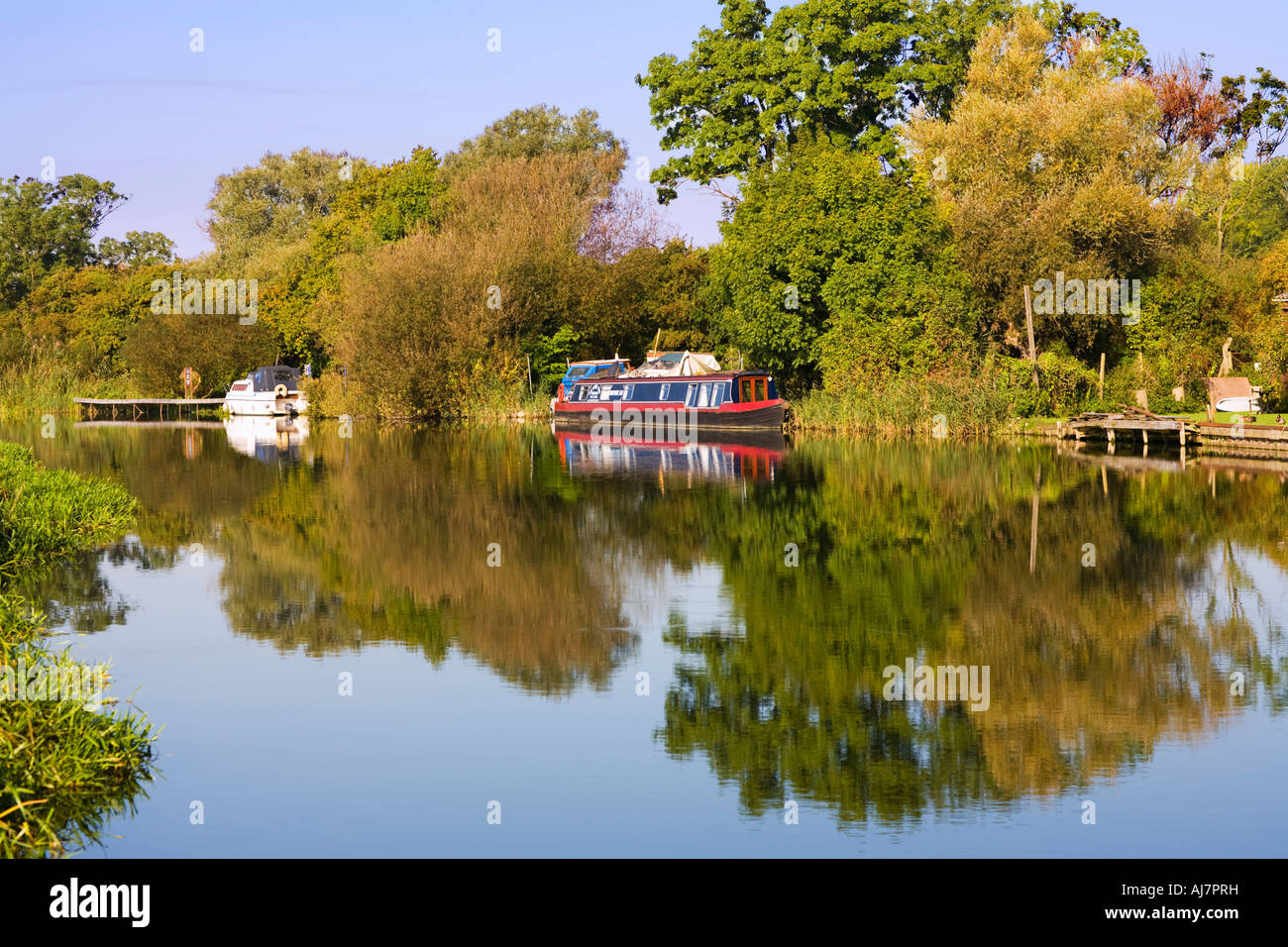 Autumn Fall Colours On The Riverbank Moored Barge Boat On Jetty, River ...