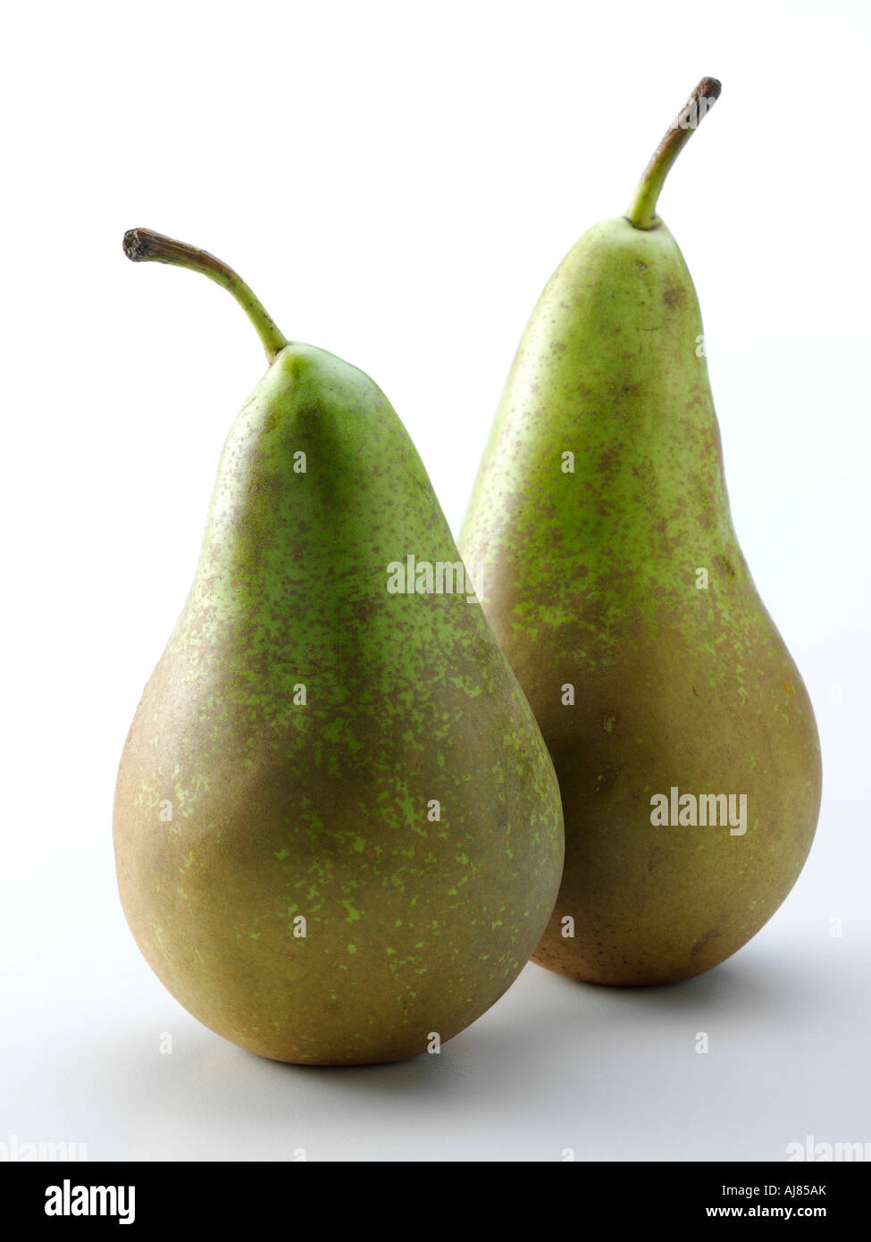 Two raw conference pears on a white background Stock Photo - Alamy