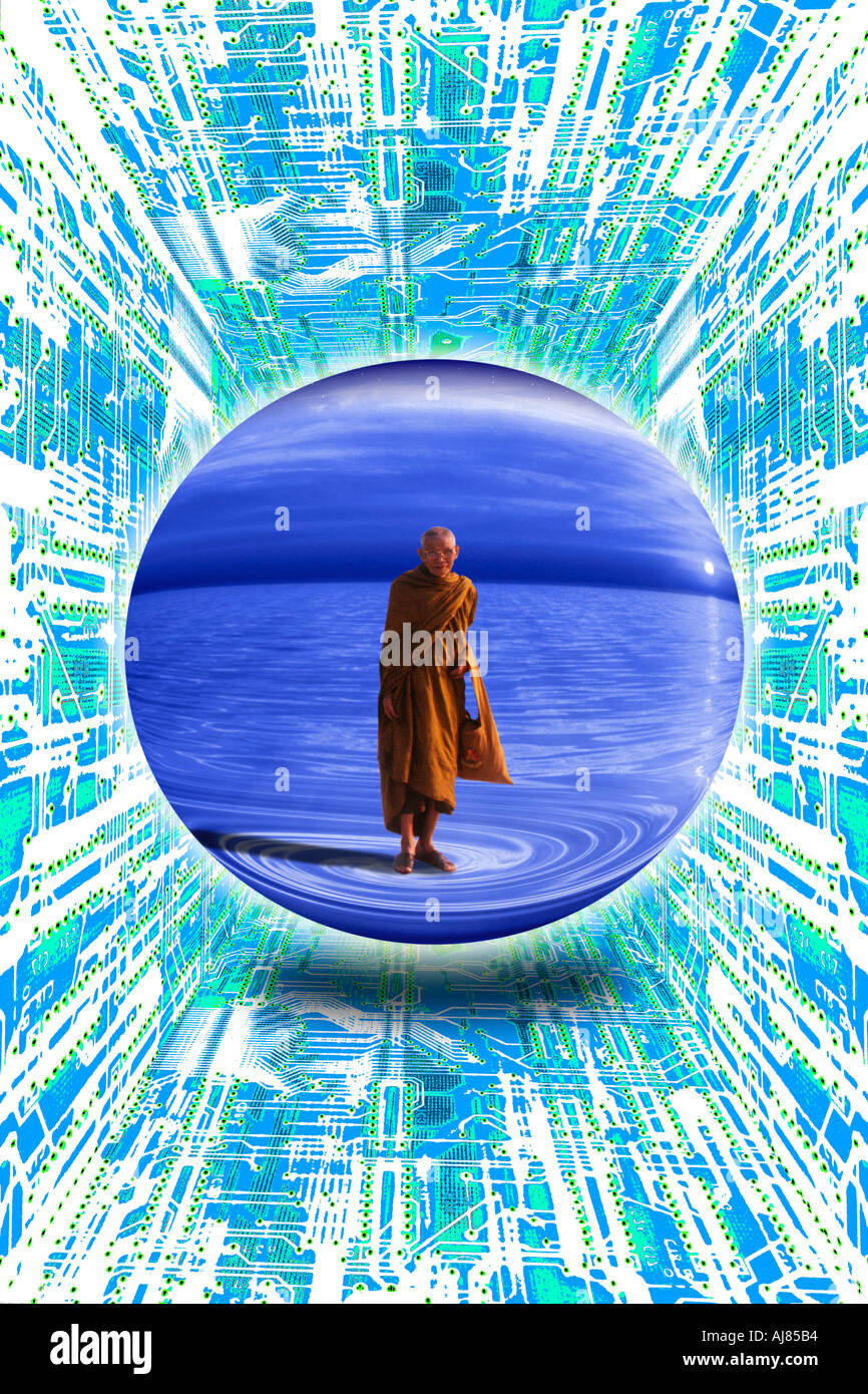 Buddhist Monk in sphere floating in computing environment Stock Photo ...