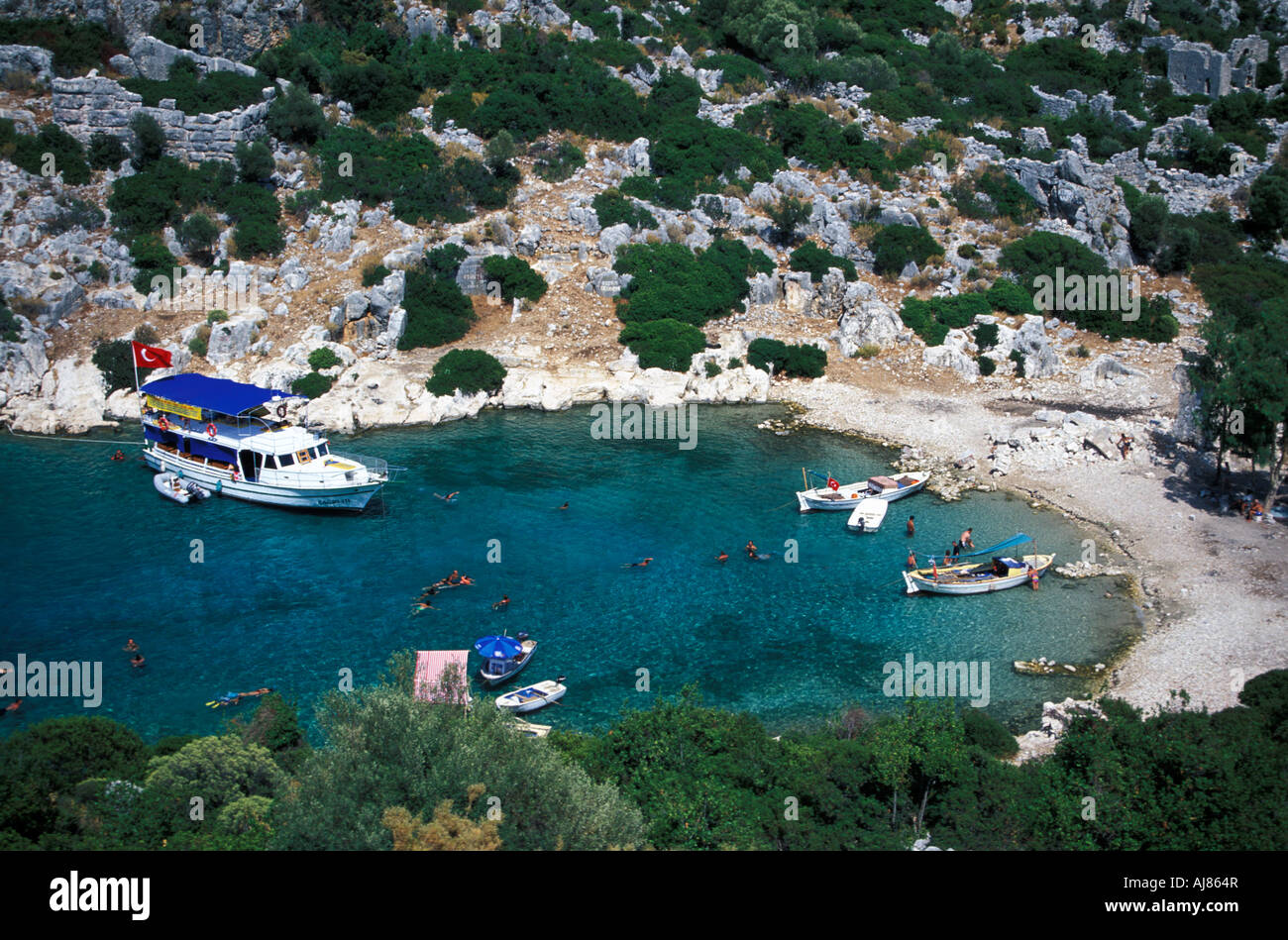 Boats anchoring at beach Kekova archipelago Lycian Coast Turkish Aegean ...