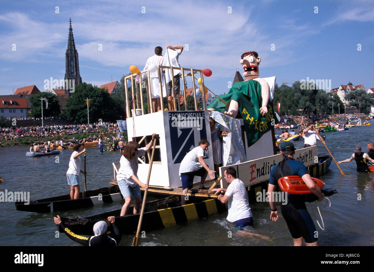 Traditional folk festival Nabada on river Danube Ulm Swabian Alb s ...
