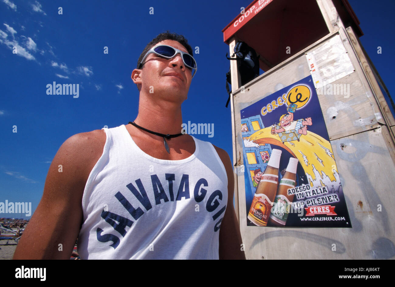Lifeguard on beach next to his watch tower Rimini Most of Italy s ...