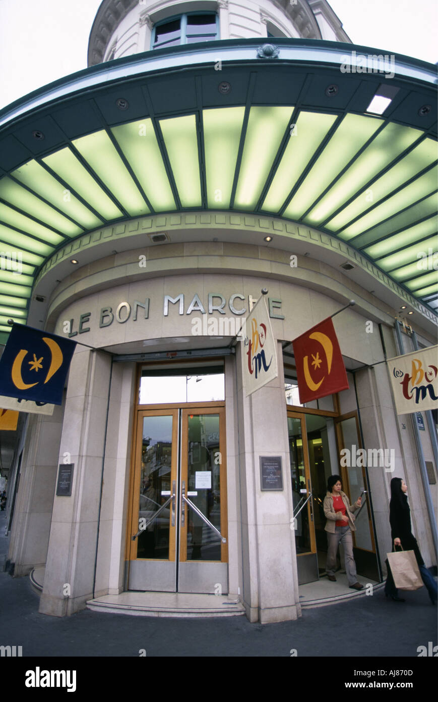 Exterior of Le Bon Marche shop flags flying outside art deco ...