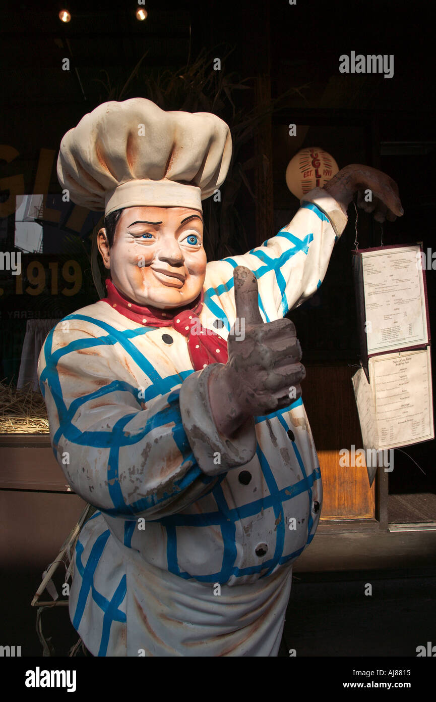 Plaster sculptured chef holds menu outside an Italian Pizzeria on ...