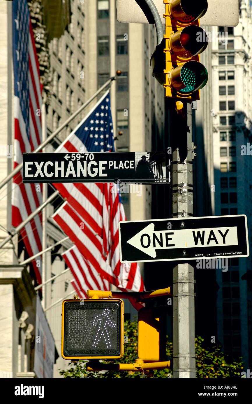 Exchange Place sign and USA flags near the New York Stock Exchange ...