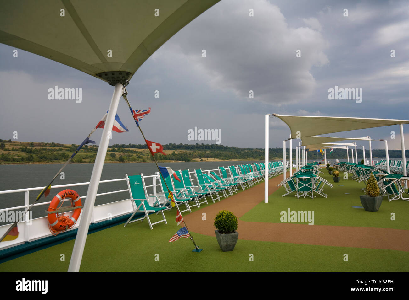 Thunderclouds above the sun deck on a Danube cruise of the cruise liner ...