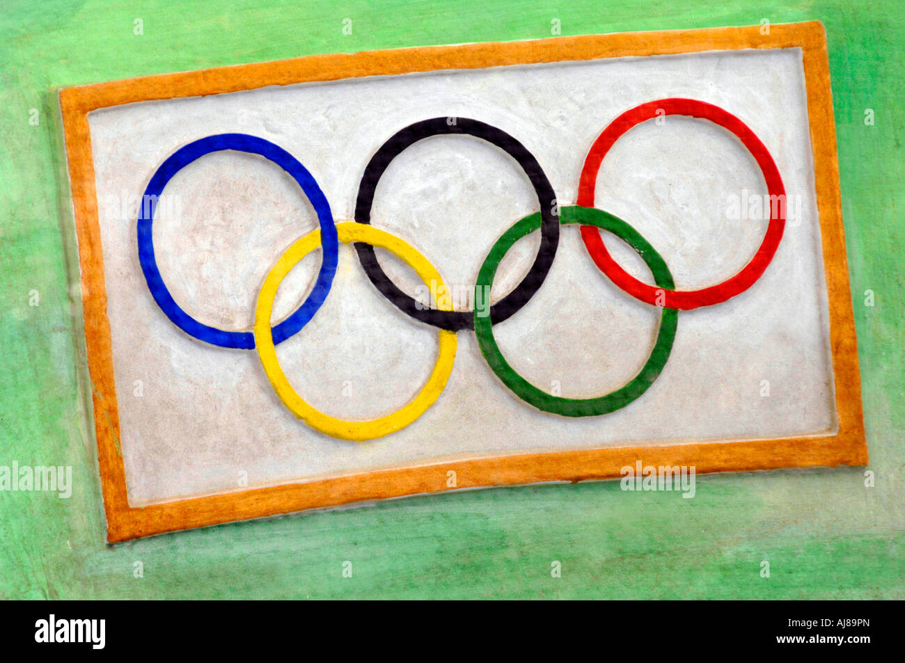 The Olympic rings sand sculpture Stock Photo - Alamy