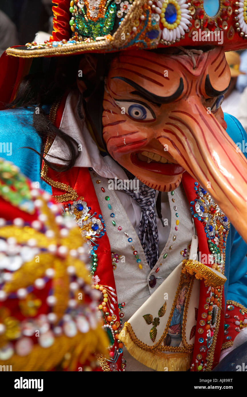 Costumed performer at the Huacarpay festival of San Salvador near Pisac ...