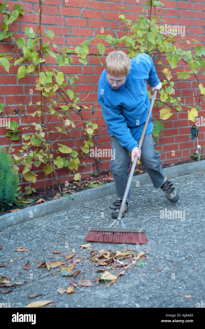 a young boy is sweeping leaves in his family´s back garden Stock Photo ...