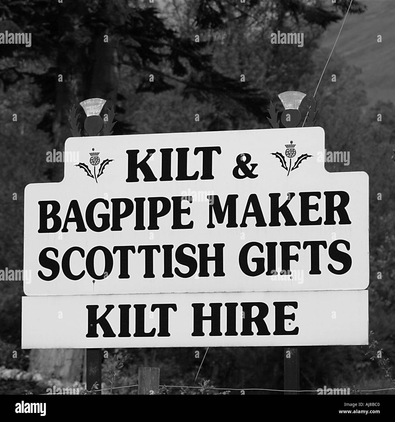 Shop sign for Kilt and Bagpipe Makers in black and white Stock Photo ...