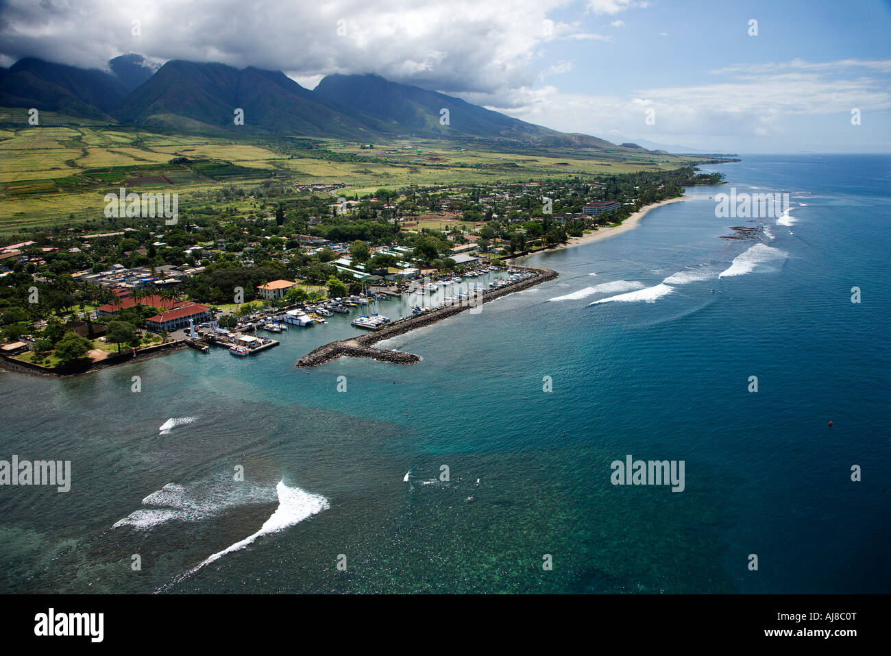 Aerial view of buildings and marina on coastline of Maui Hawaii Stock ...