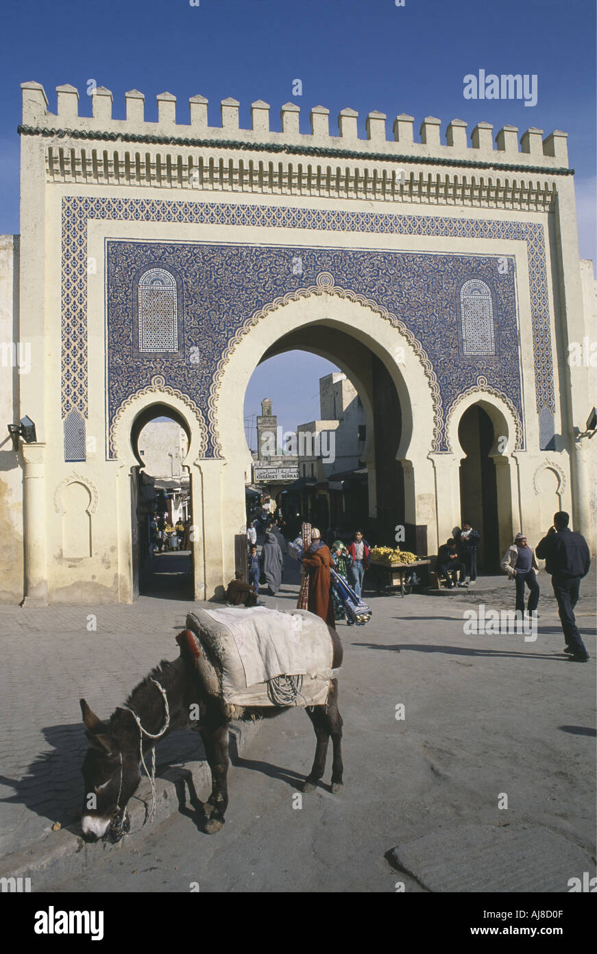People walking towards a pack donkey standing before the blue tiled ...
