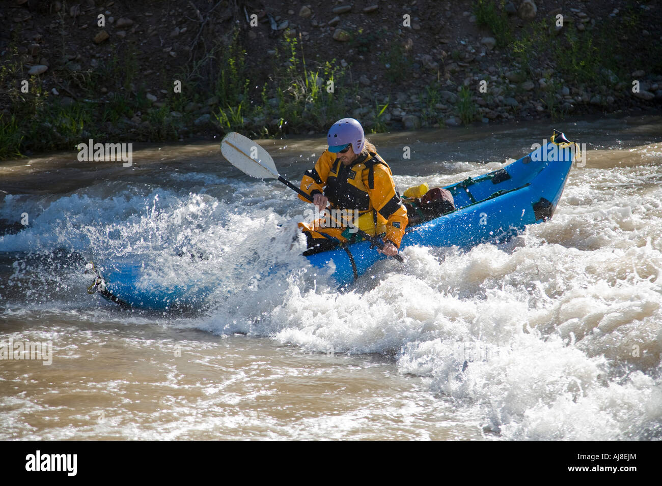 Bruce Eriksen in an inflatable duckie kayak in Norwood canyon stretch ...