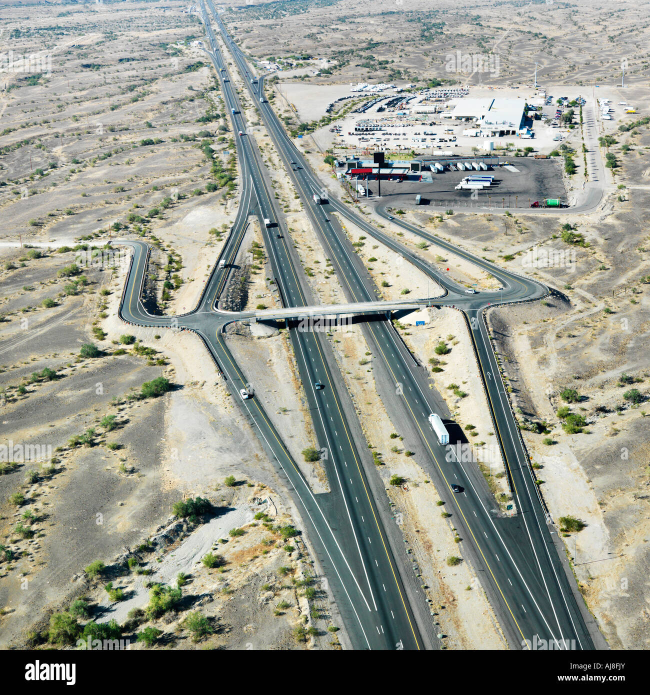 Aerial view of interstate 10 in southwest desert landscape of Arizona ...