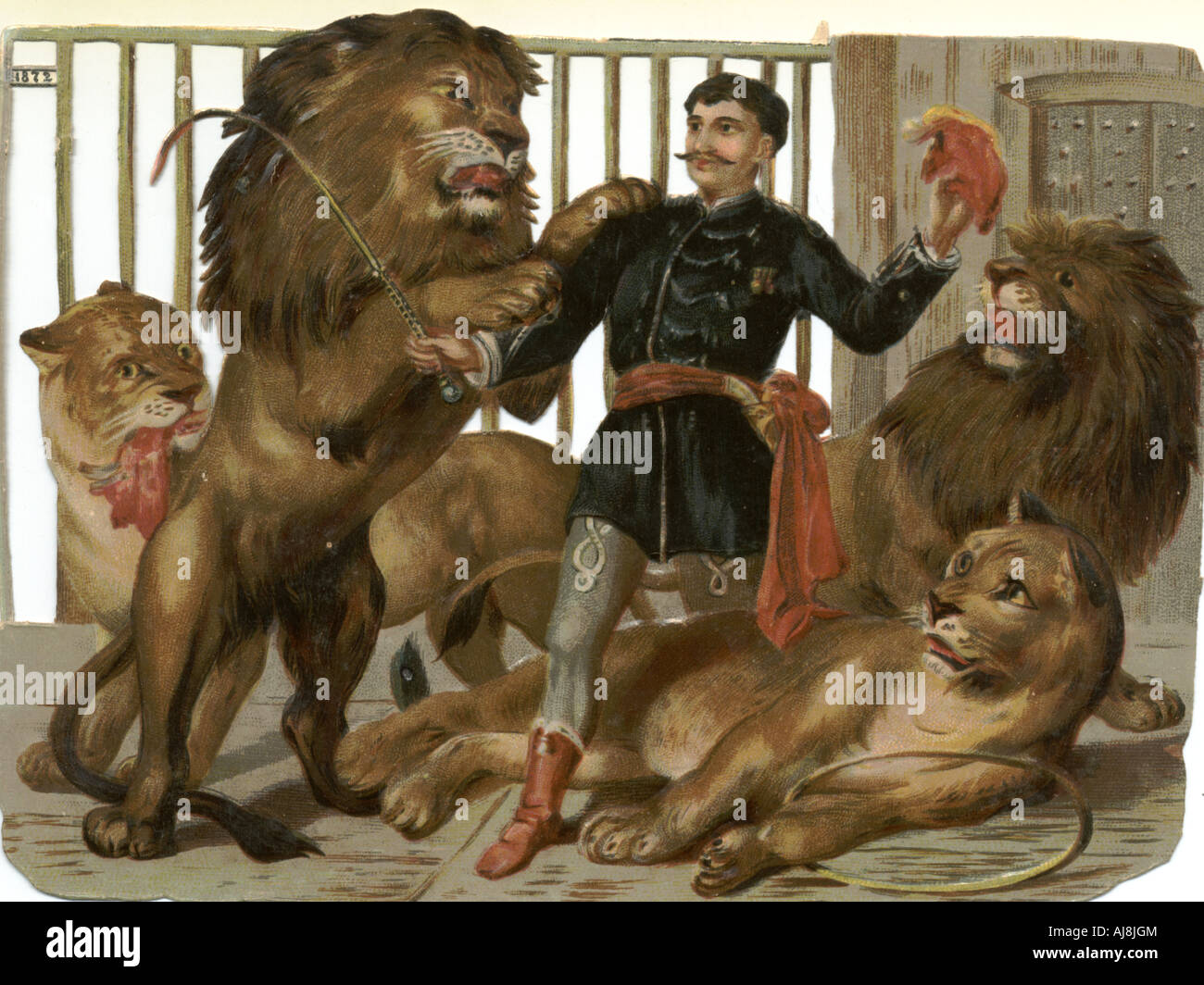 Victorian diecut scrap of lion tamer Stock Photo - Alamy
