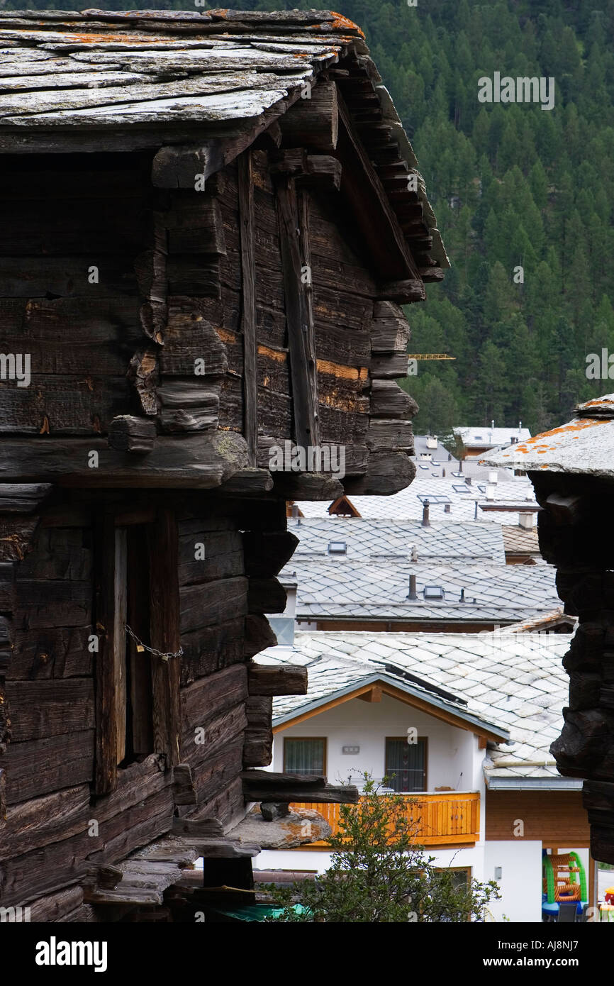 Traditional wooden storage barn in Zermatt Wallis Switzerland July 2006 ...