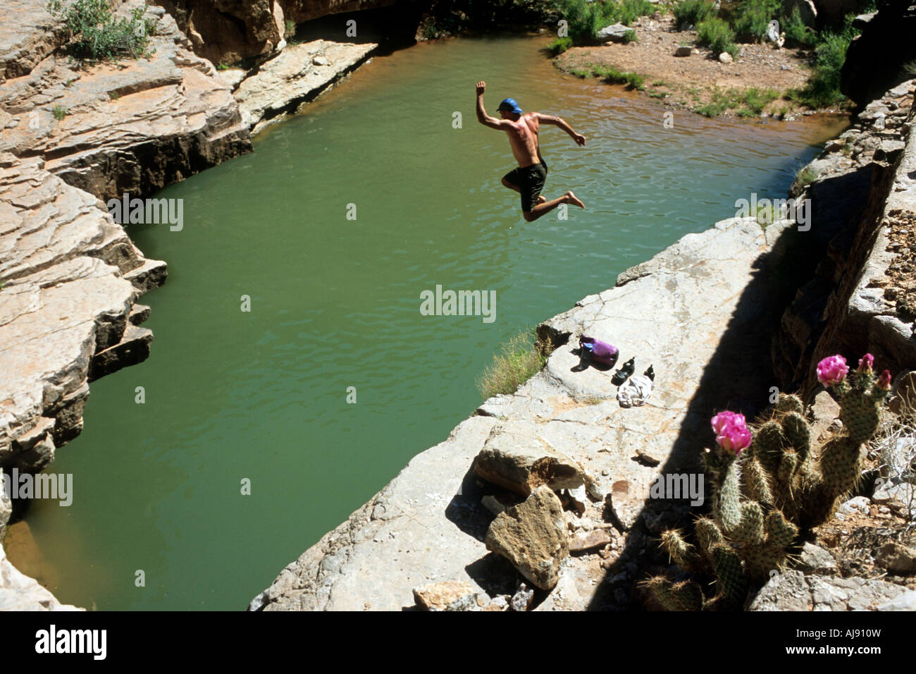 Man jumping into water hole Stock Photo - Alamy