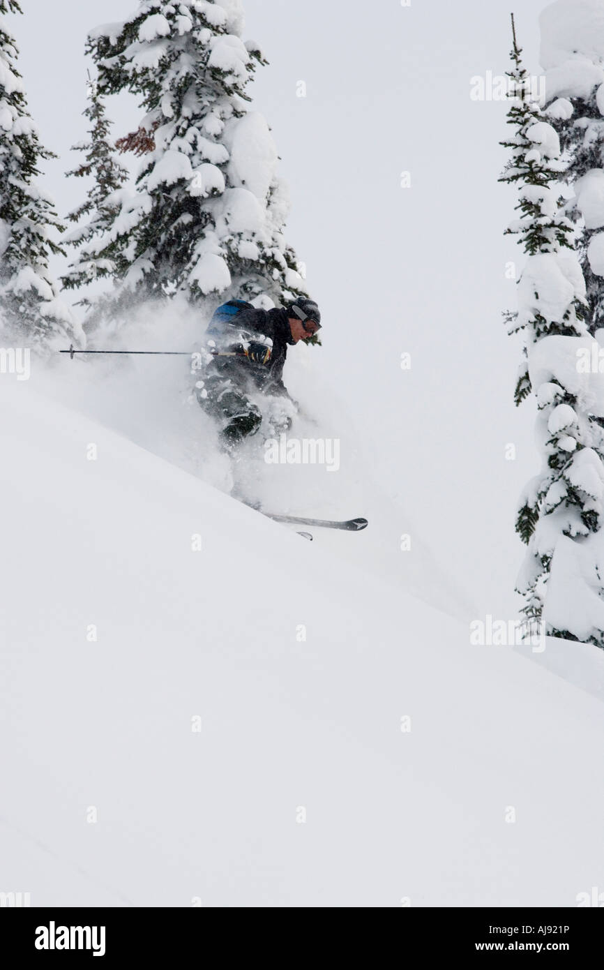 Young man skiing in deep powder Stock Photo - Alamy
