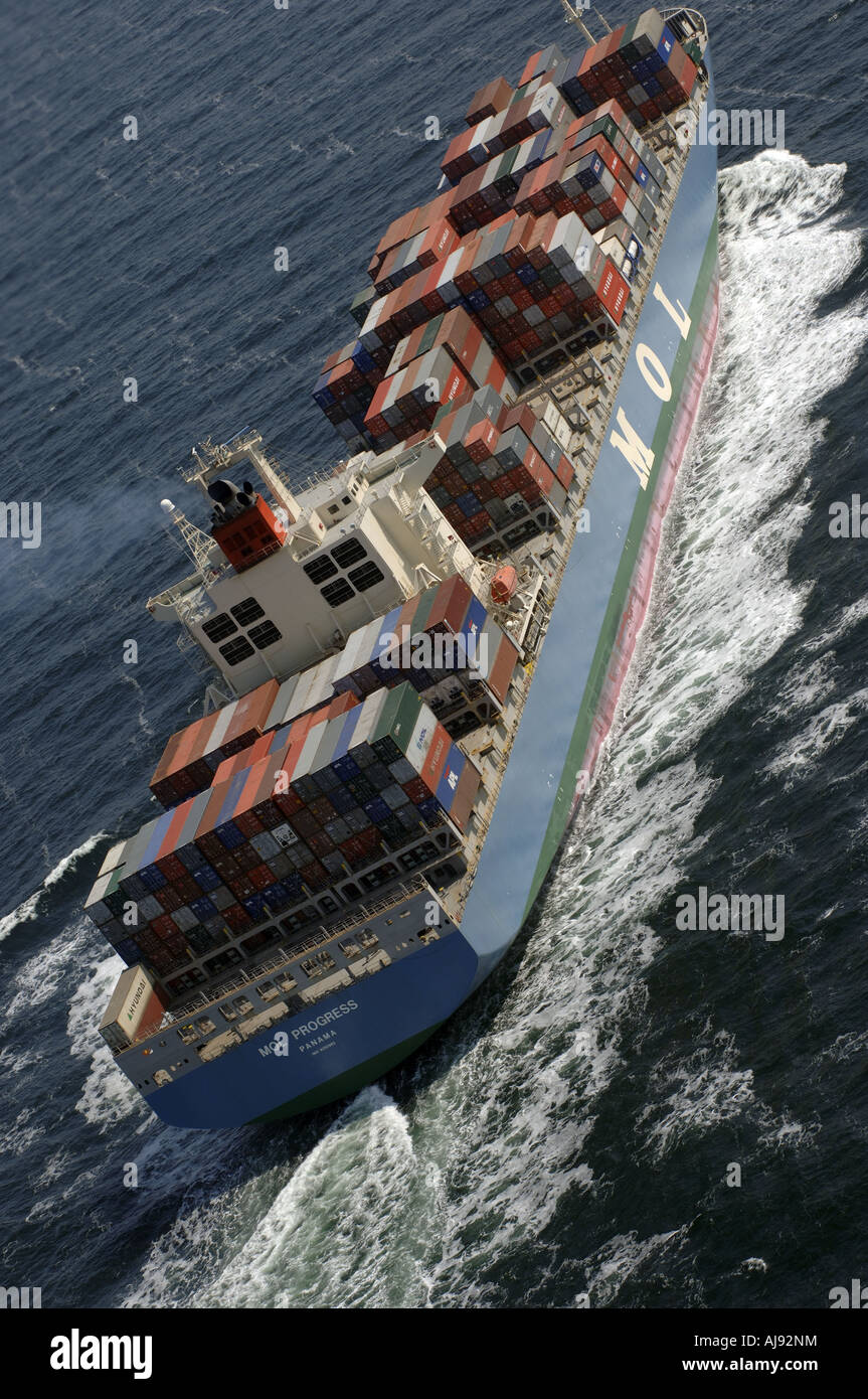 Aerial view of a container ship on the North sea off the Dutch coast ...