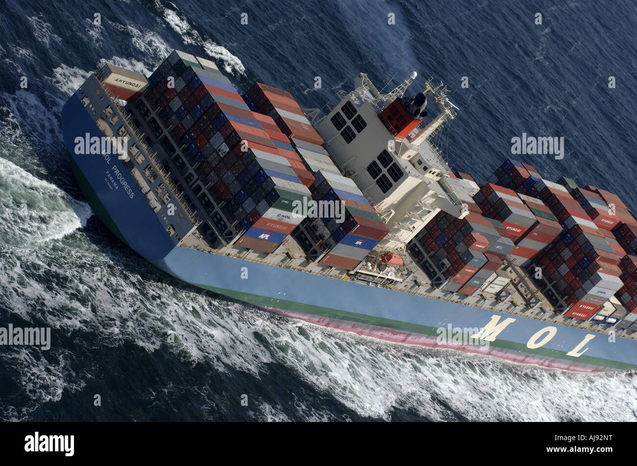 Aerial view of a container ship on the North sea off the Dutch coast ...