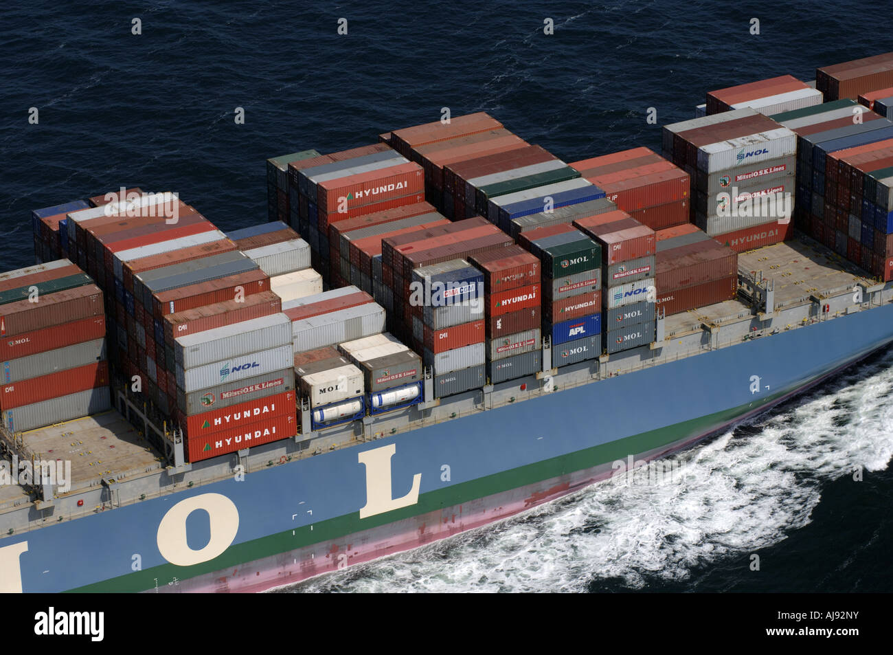 Aerial view of a container ship on the North sea off the Dutch coast ...