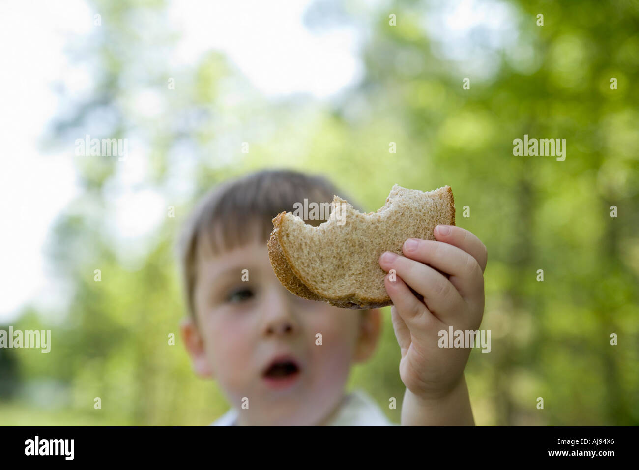 Young boy standing in park and holding slice of bread Stock Photo - Alamy