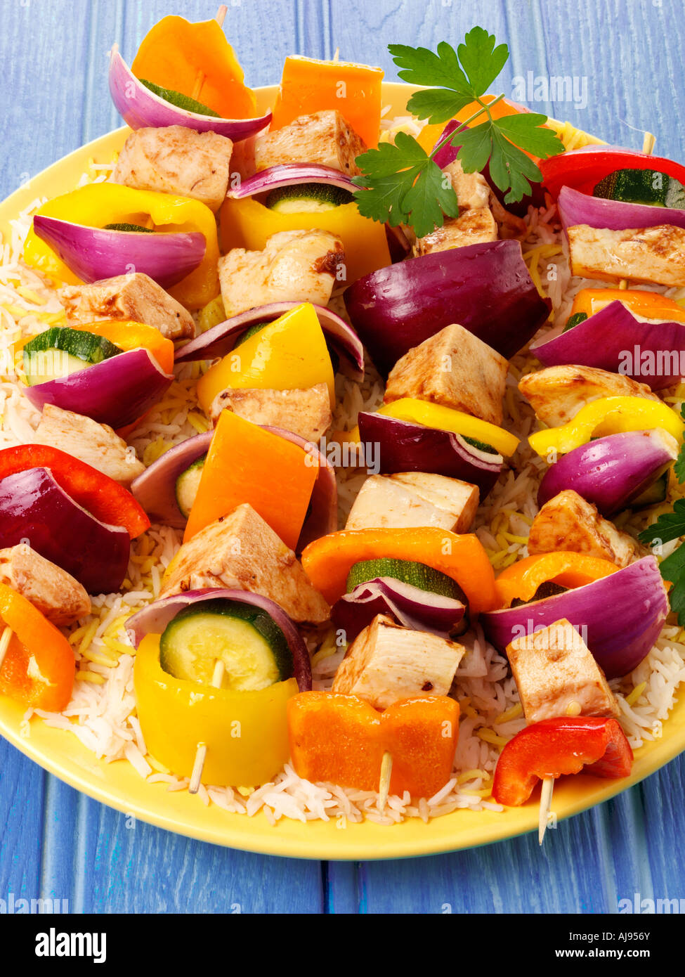 CHIICKEN AND ROAST VEGETABLE KEBABS WITH RICE Stock Photo - Alamy