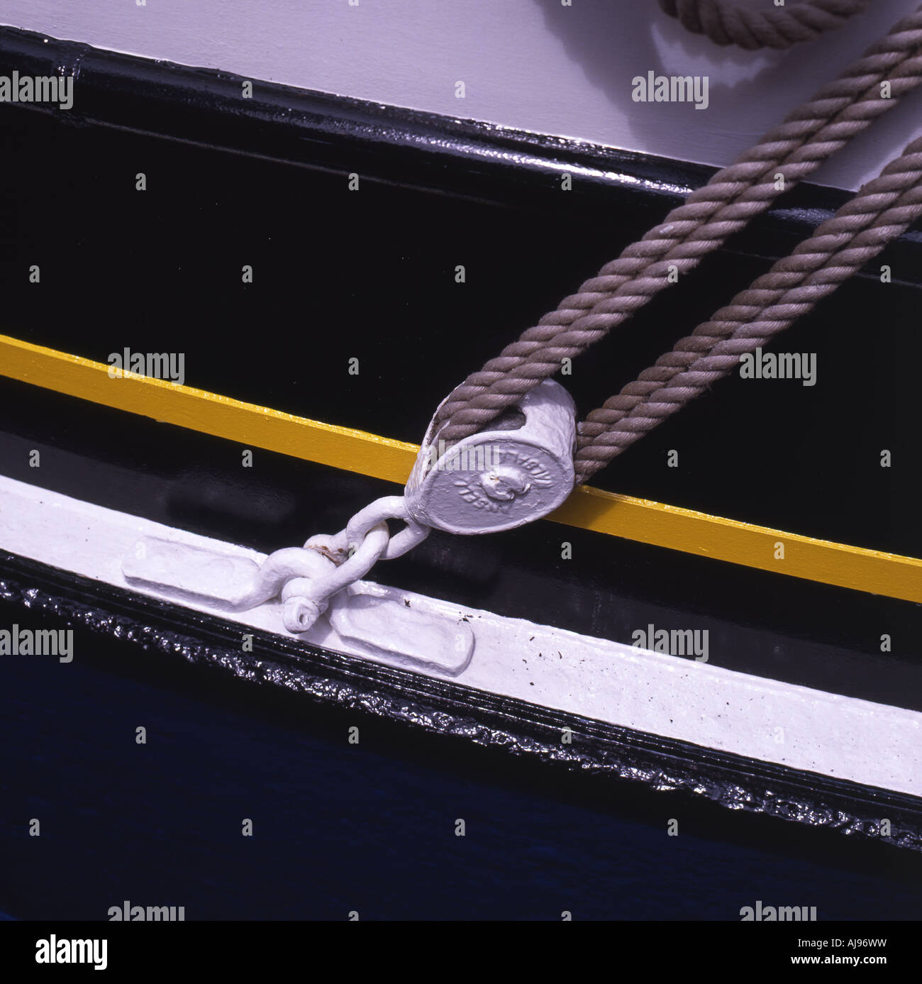 Pulley and ropework on sailing barge Stock Photo - Alamy