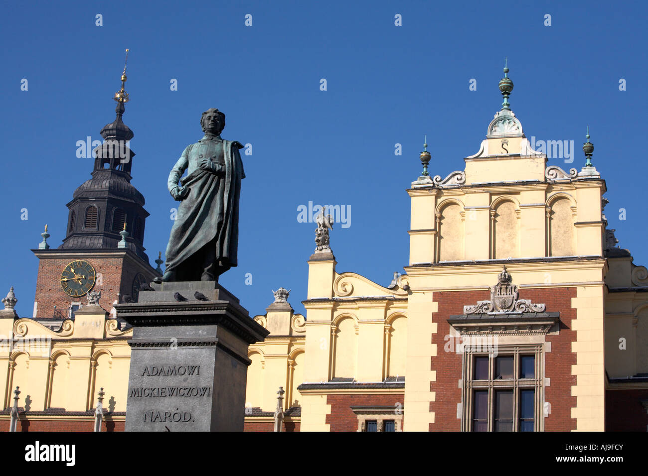 Poland Krakow Cracow Statue of Adam Mickiewicz Main Square Rynek Glowny ...