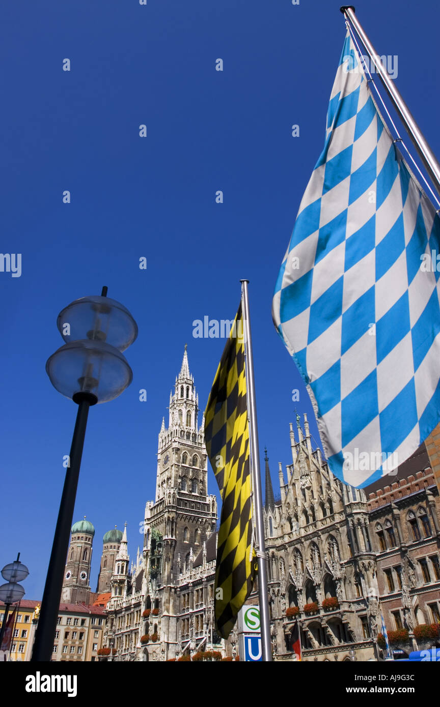 Marienplatz bavarian flag and munich flag ensign on Mary Place old Town ...