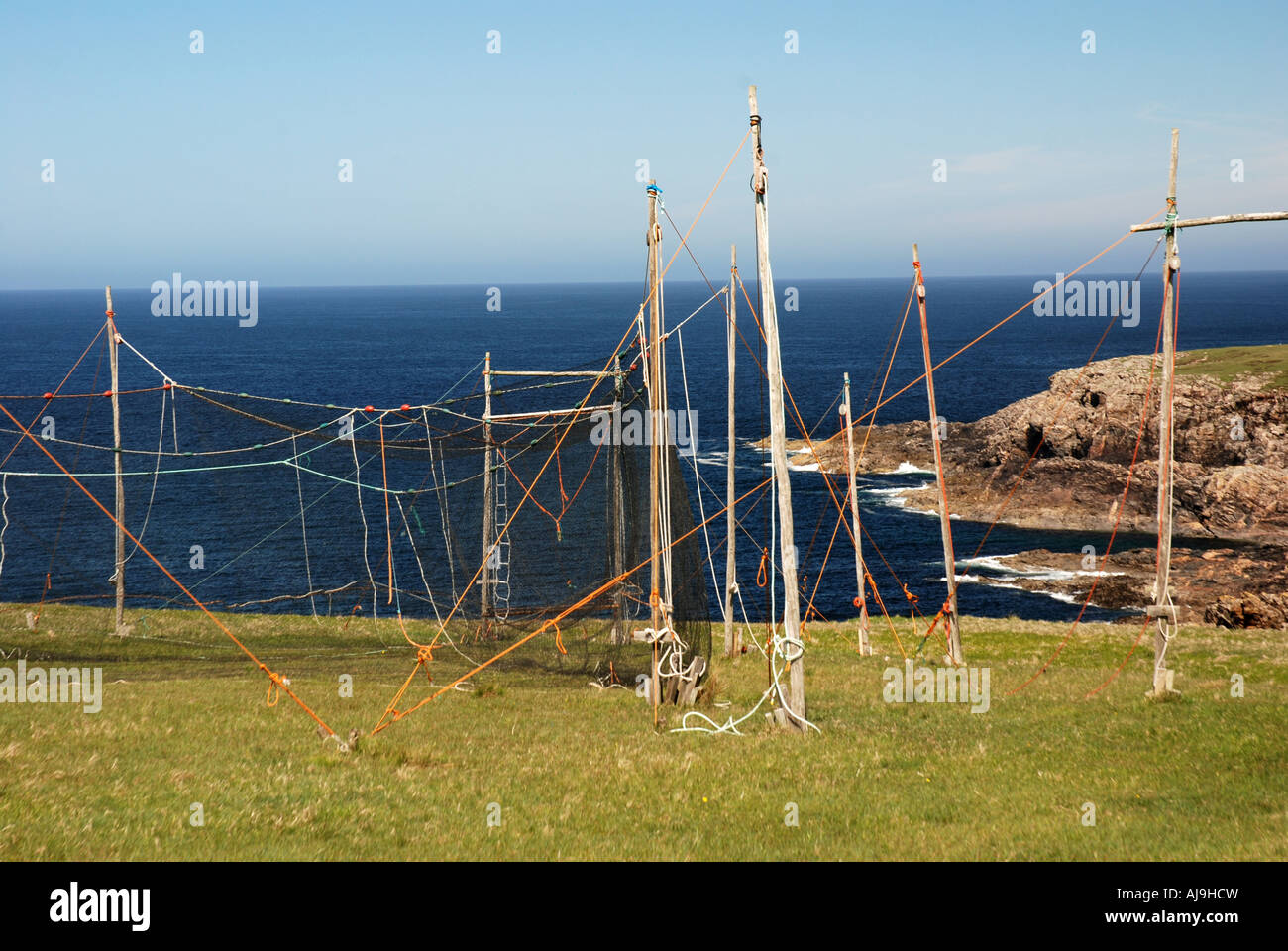 Fishing nets hung for drying, Kirtomy, north coast Highland Scotland ...