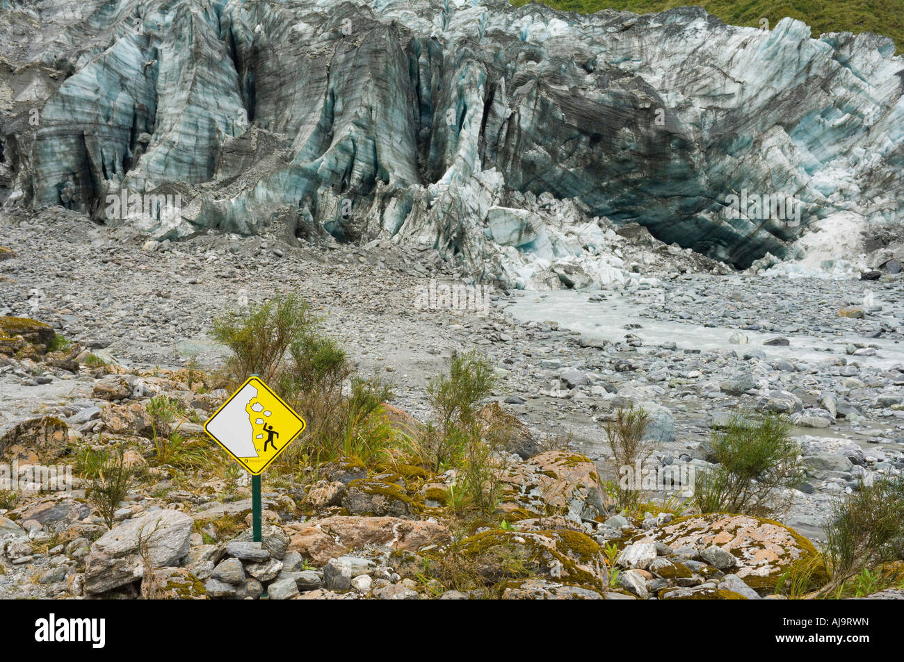 Warning Sign, Fox Glacier, Westland, South Island, New Zealand Stock ...