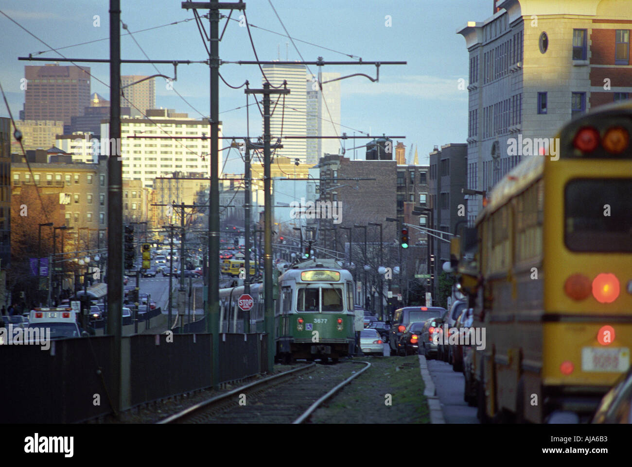 An MBTA Green line train carries rush hour commuters through Huntington ...