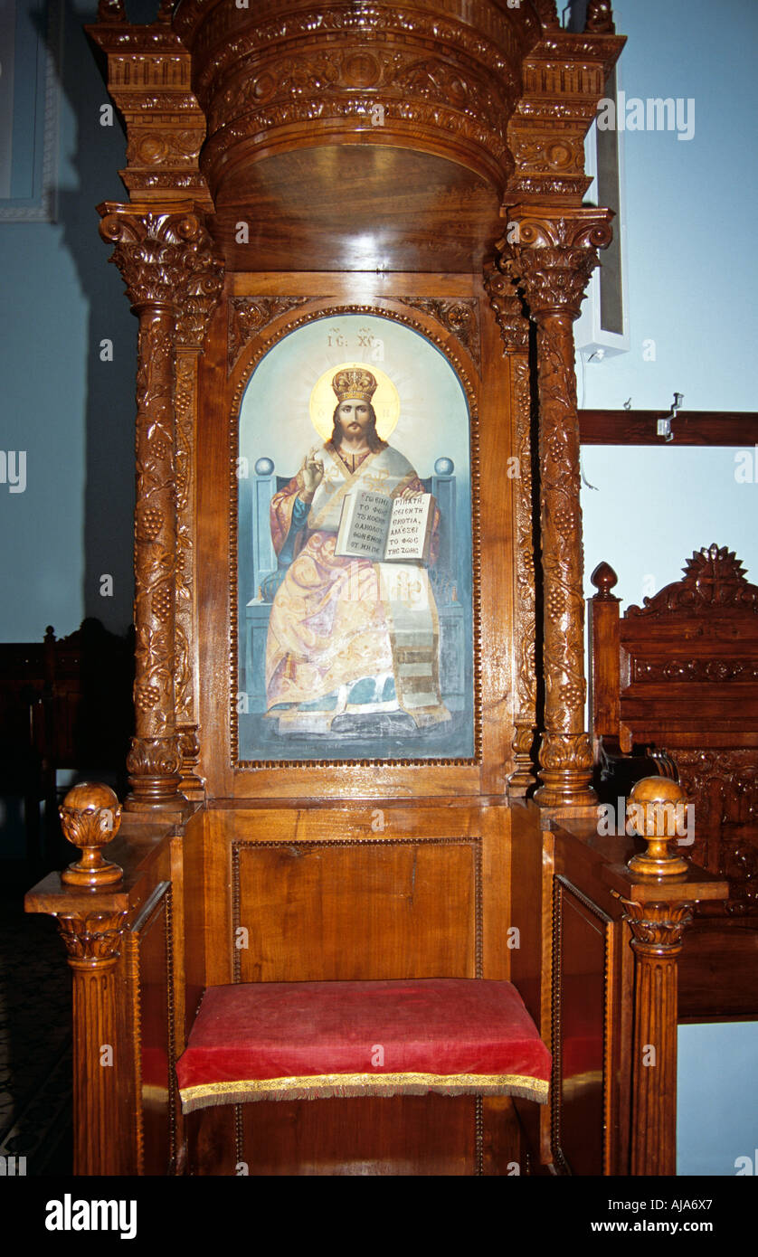 Sotiris Church, carved wooden ornate chair incorporating a painting ...