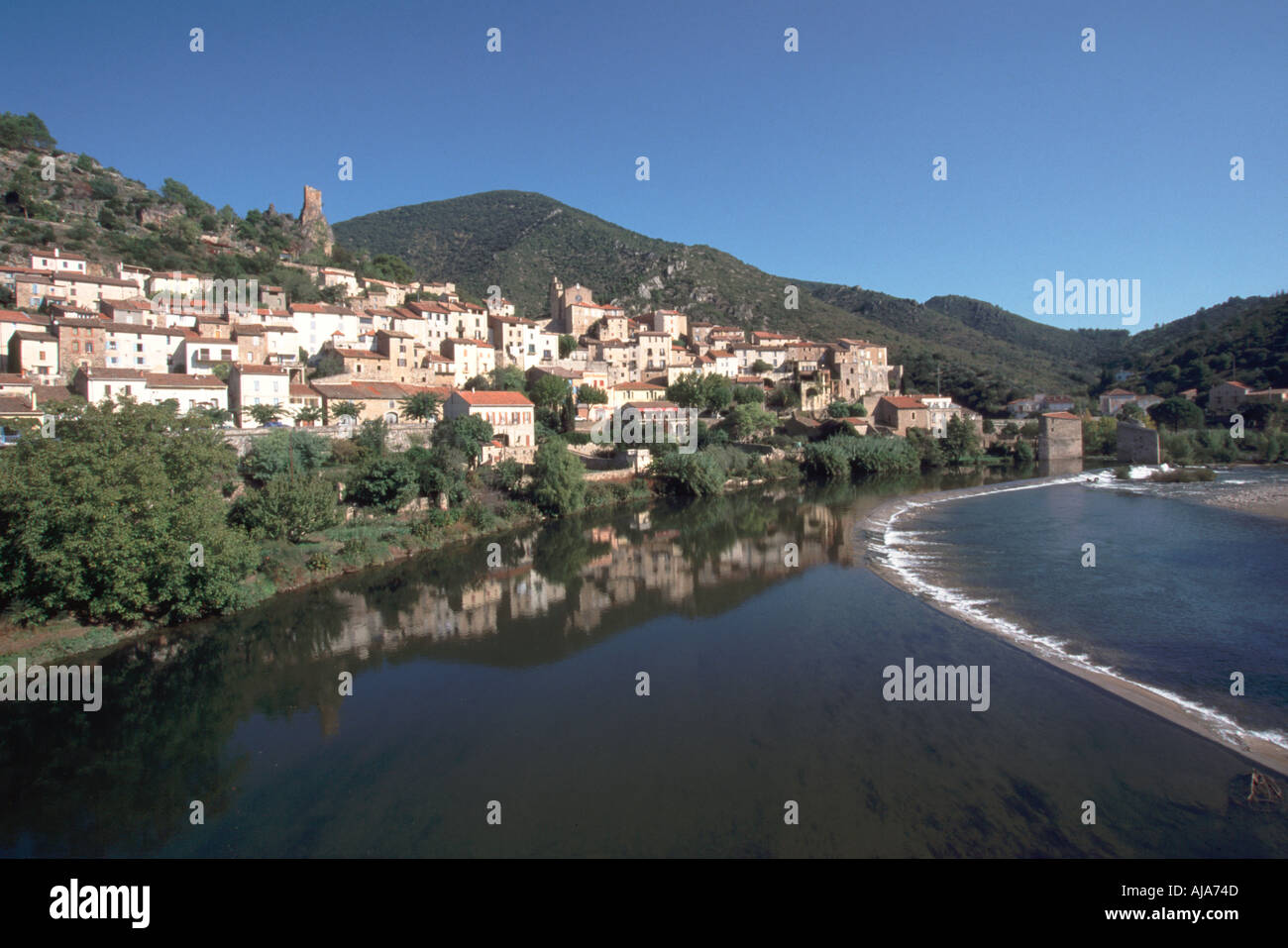 Hillside village by the River Orb Roquebrun, Herault 34, Haut Languedoc, Languedoc-Roussillon ...