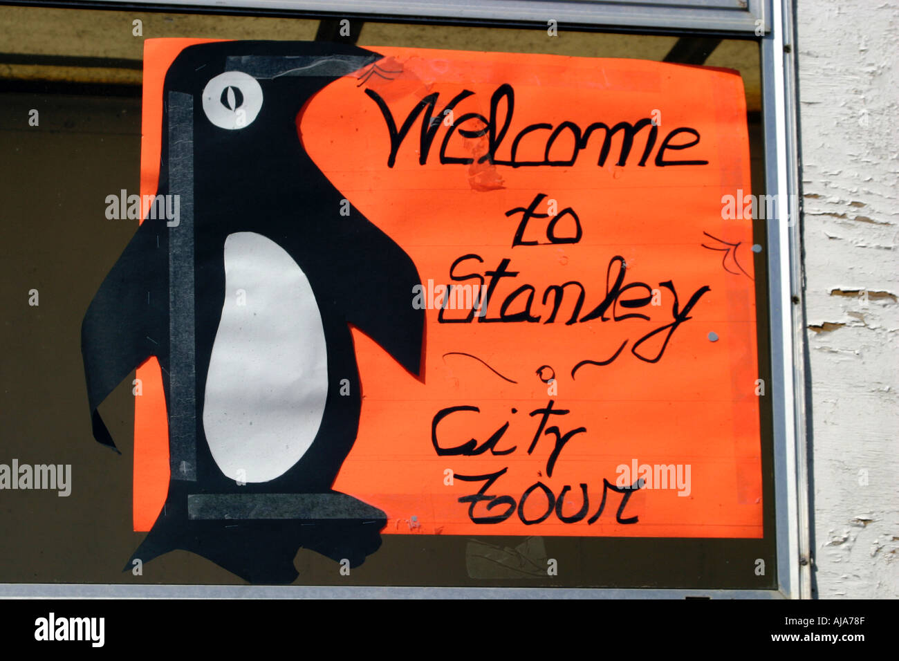 Sign for Stanley City bus tours on the The Falkland Islands Stock Photo ...