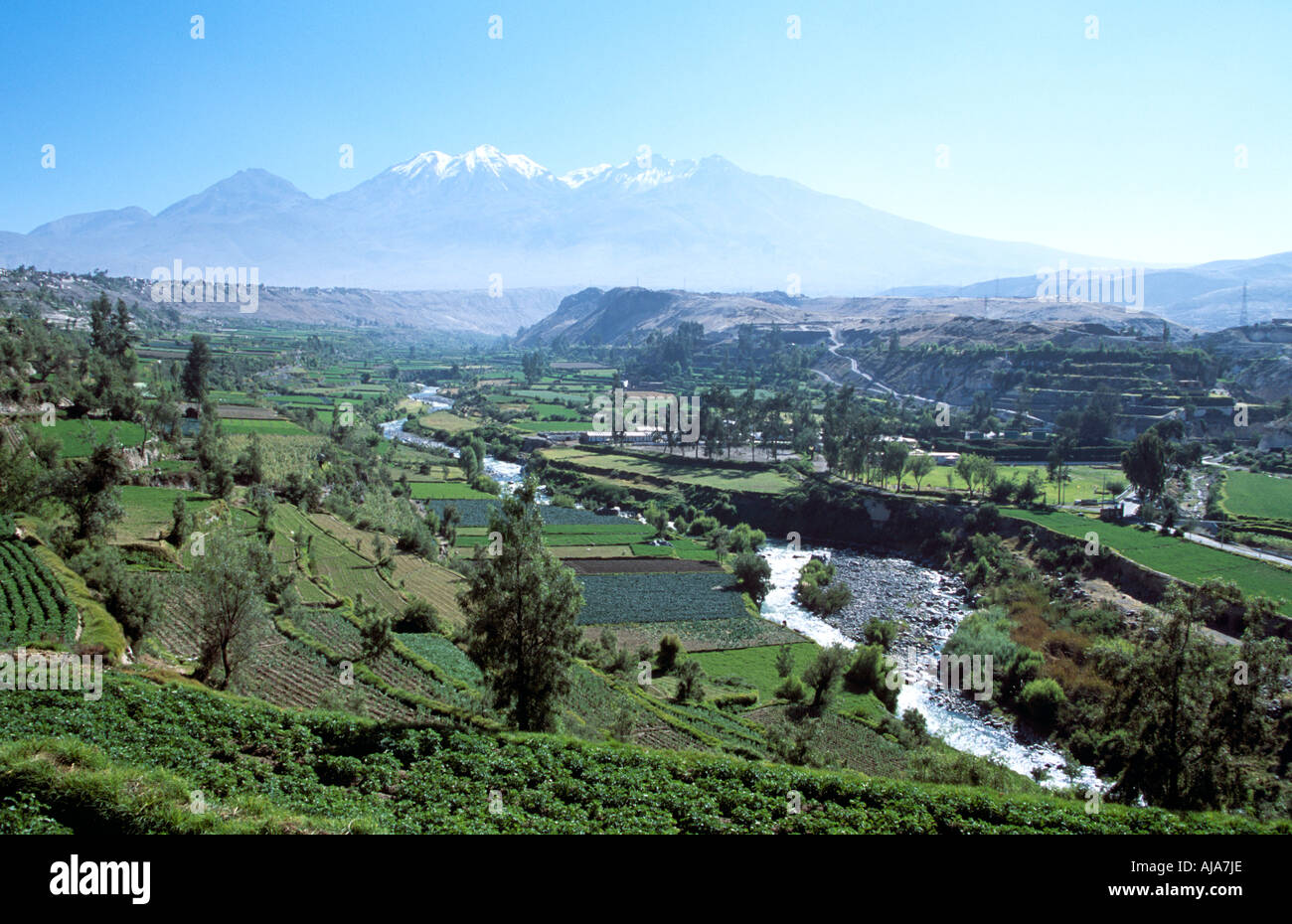 Chachani Mountain, River Chili and valley, near Arequipa, Peru Stock ...
