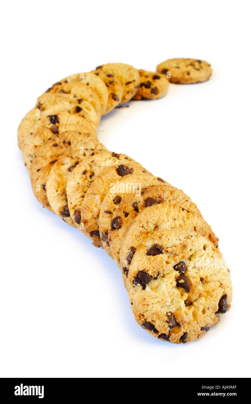 Chocolate chip cookies in a curved pattern on a white background Stock ...