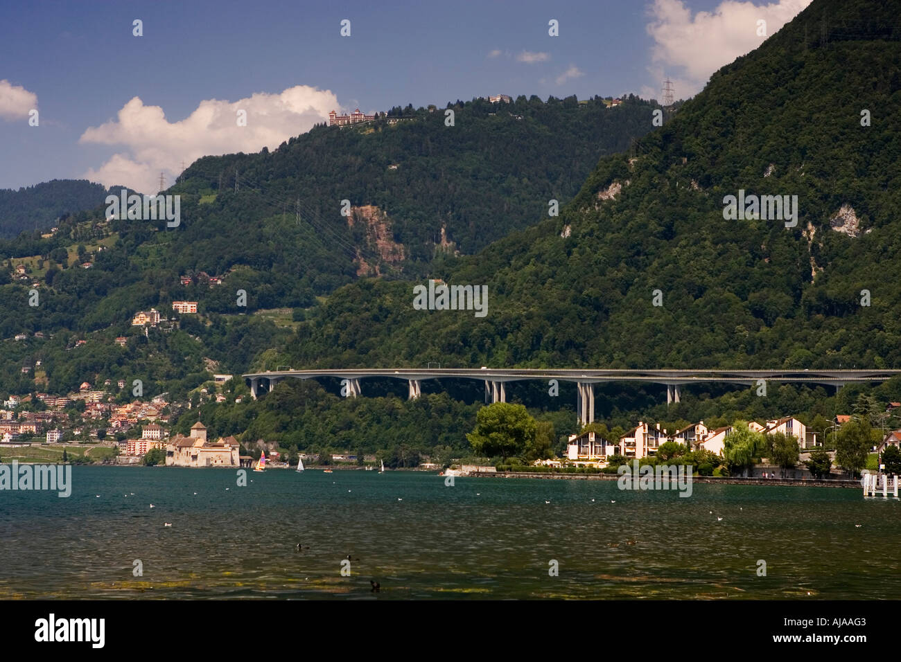 Motorway viaduct near Chillon Castle on Lake Geneva Vaud Switzerland ...