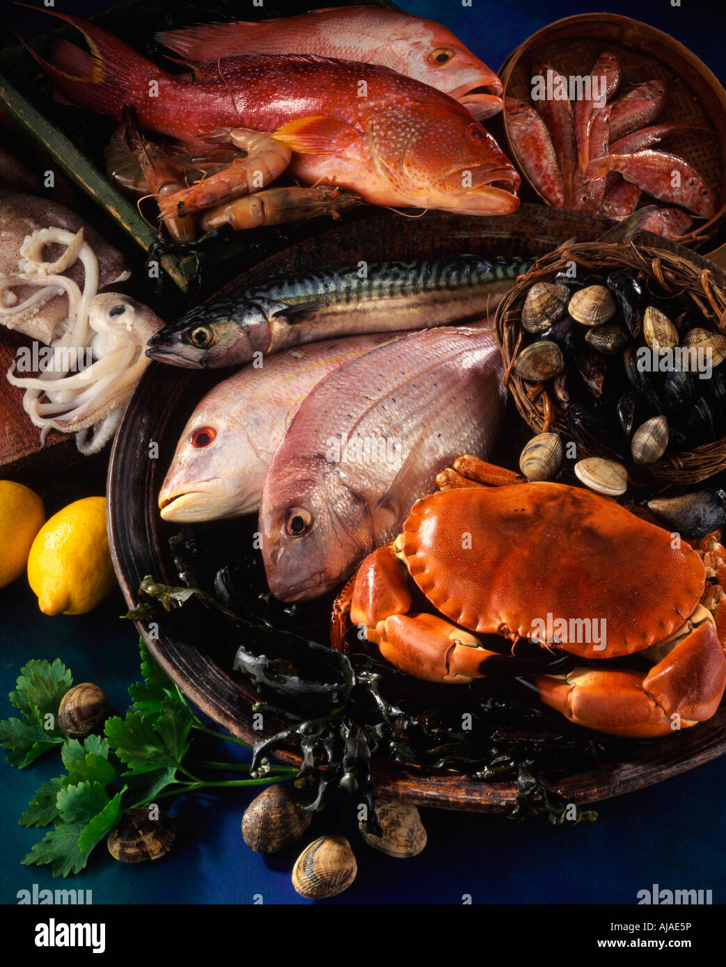 Seafood still life ingredients Stock Photo - Alamy