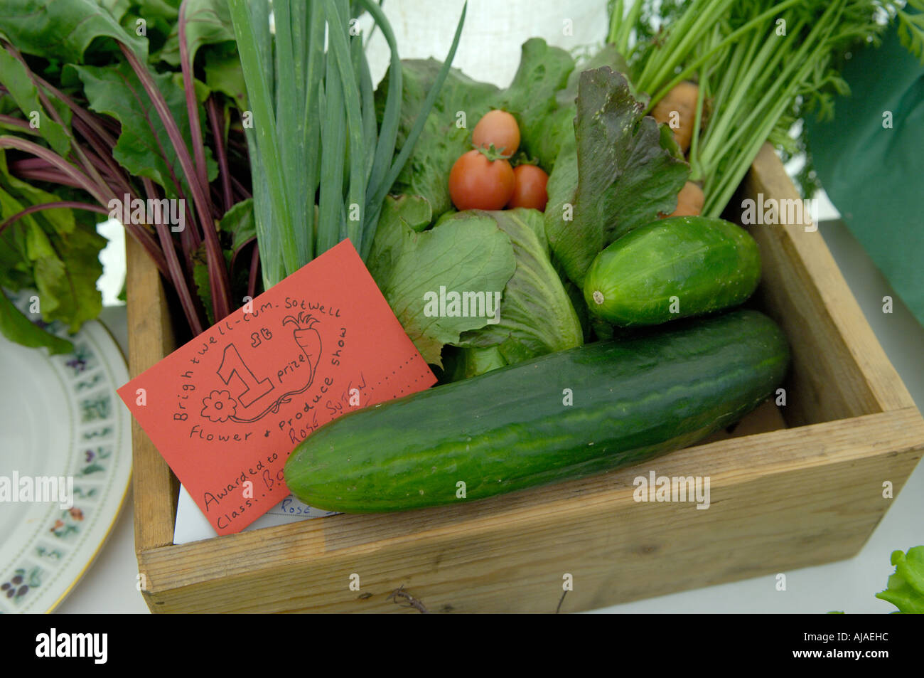 1st prize winning vegetables at a village summer fete, Oxfordshire, UK ...