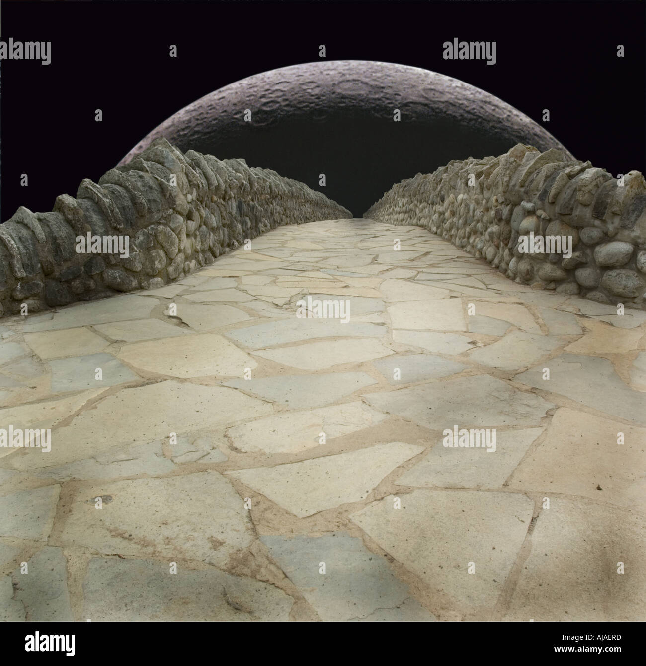 Stone path leading to a large setting moon Stock Photo - Alamy