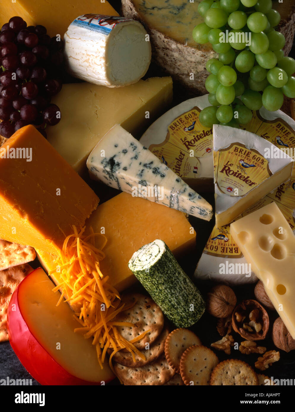 Emmental gouda cheddar stilton brie cheese still life hi-res stock ...
