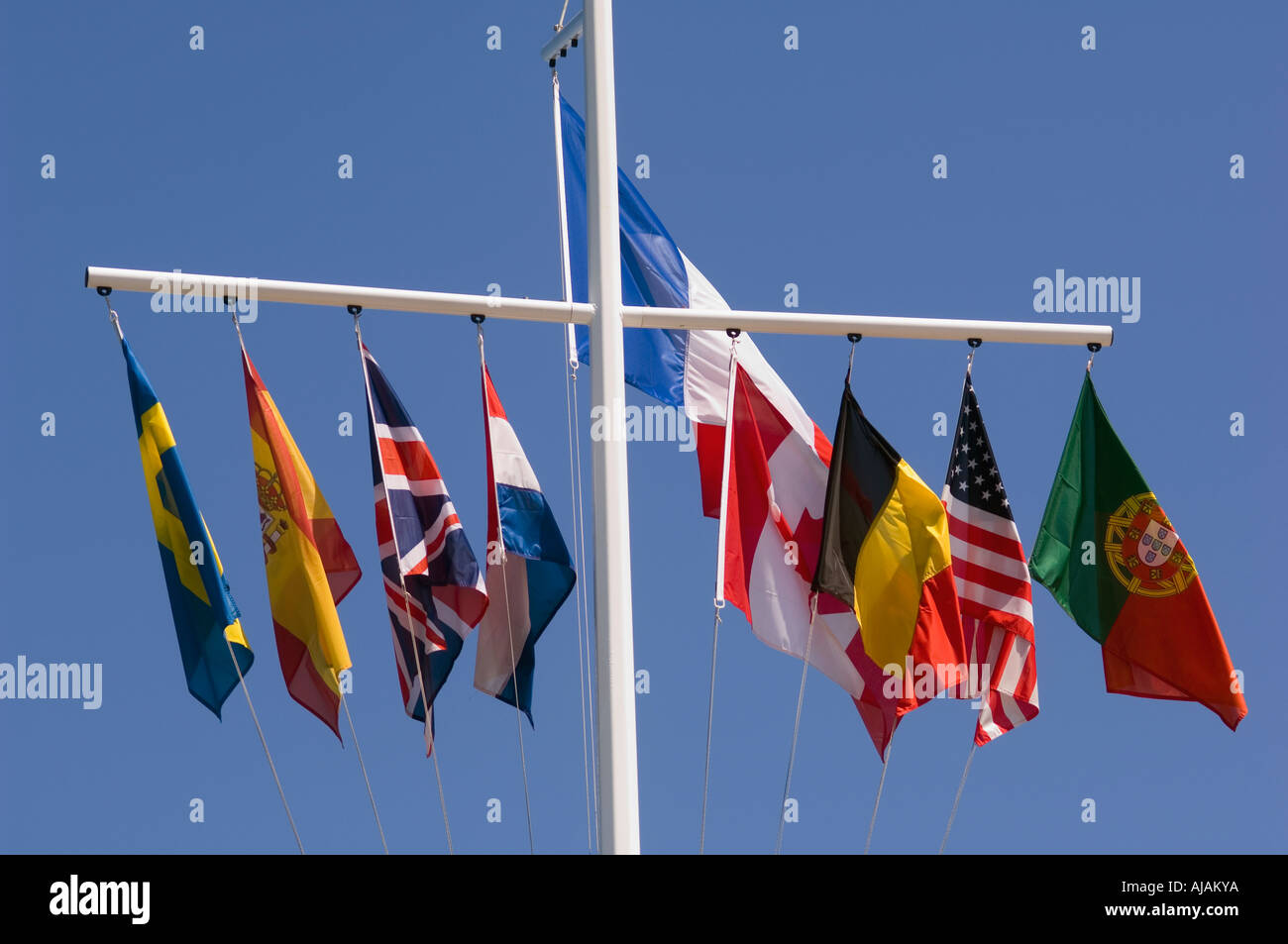 Harbour of Gustavia with flags showing the different nationalities ...