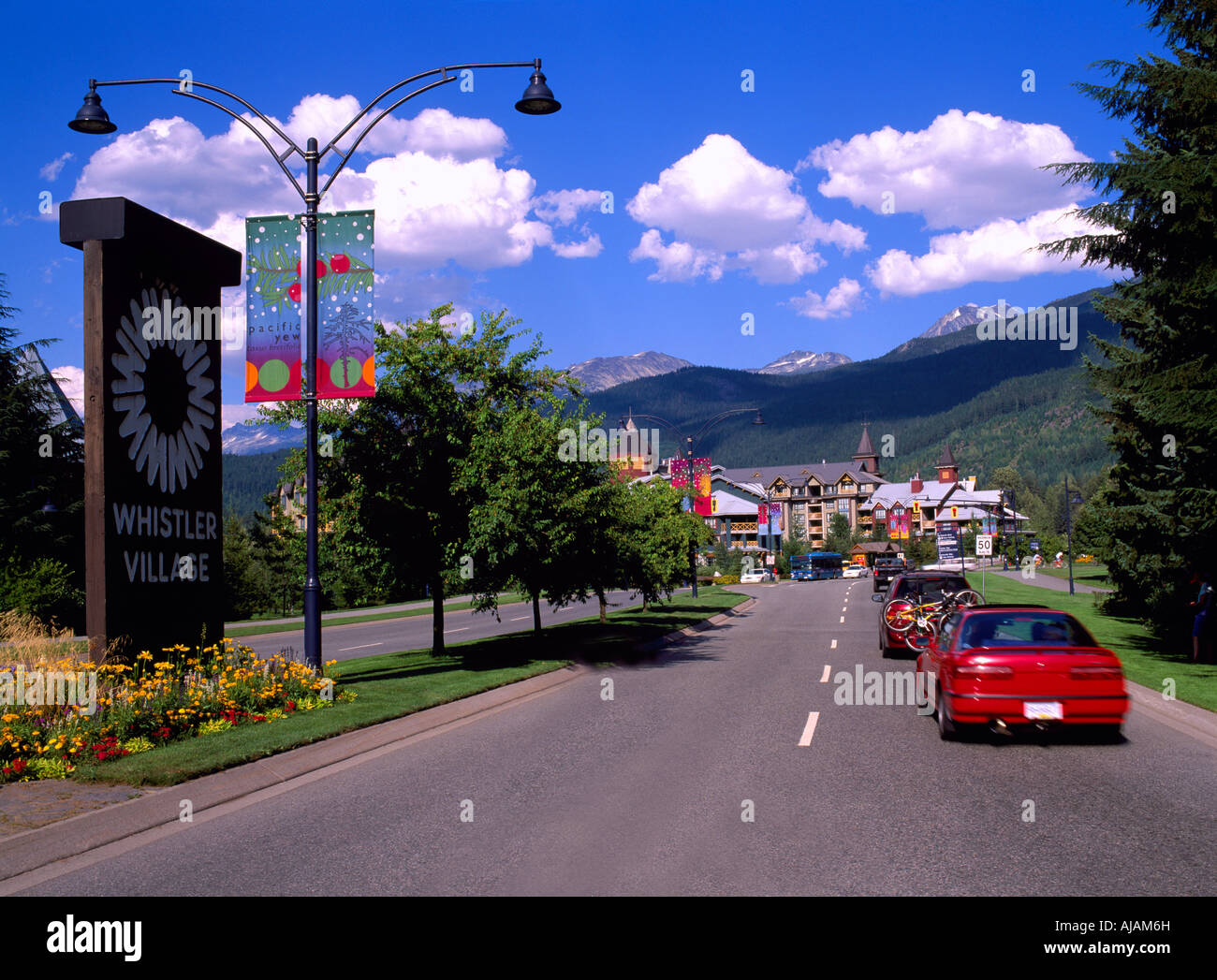 Welcome Sign and Entrance to Whistler Ski Resort Village, BC, British ...