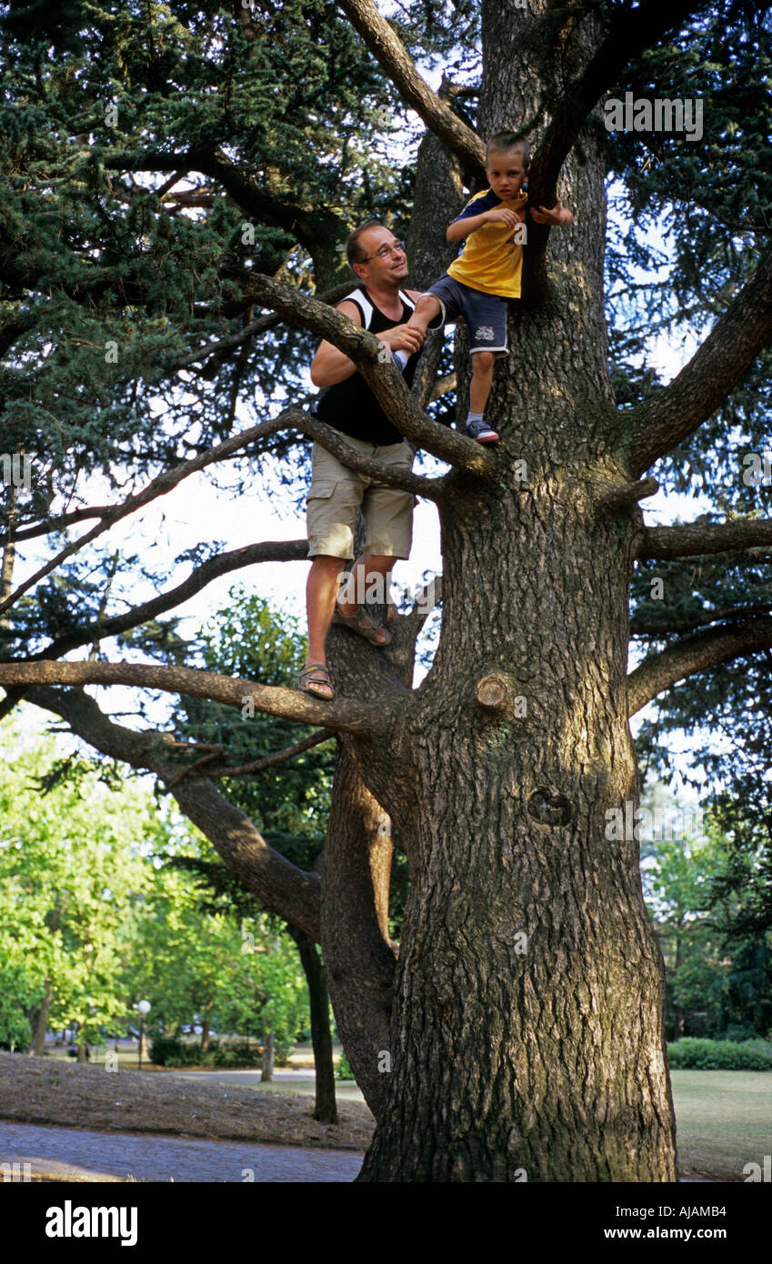 Father son climbing tree hi-res stock photography and images - Alamy