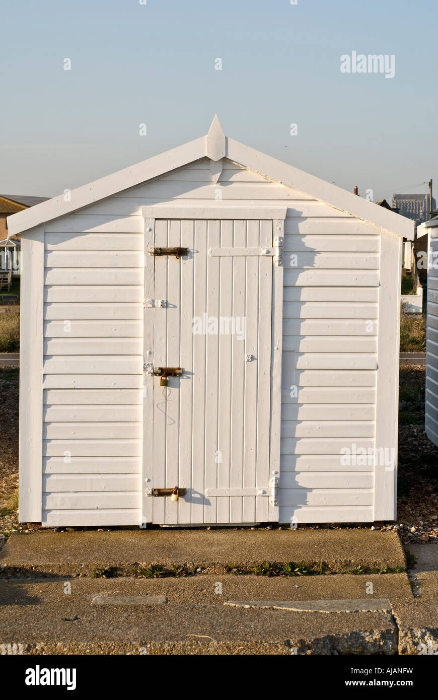 Front White wooden beach hut new paint Stock Photo - Alamy